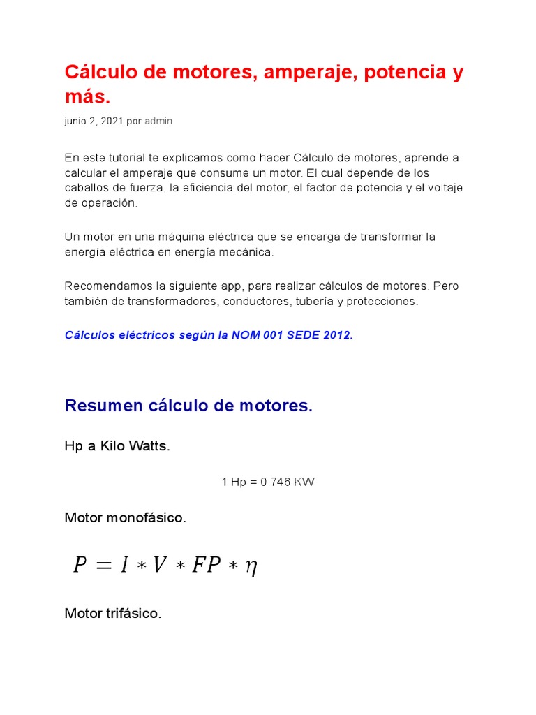 Cálculo de Motores, Amperaje, Potencia y Más | PDF