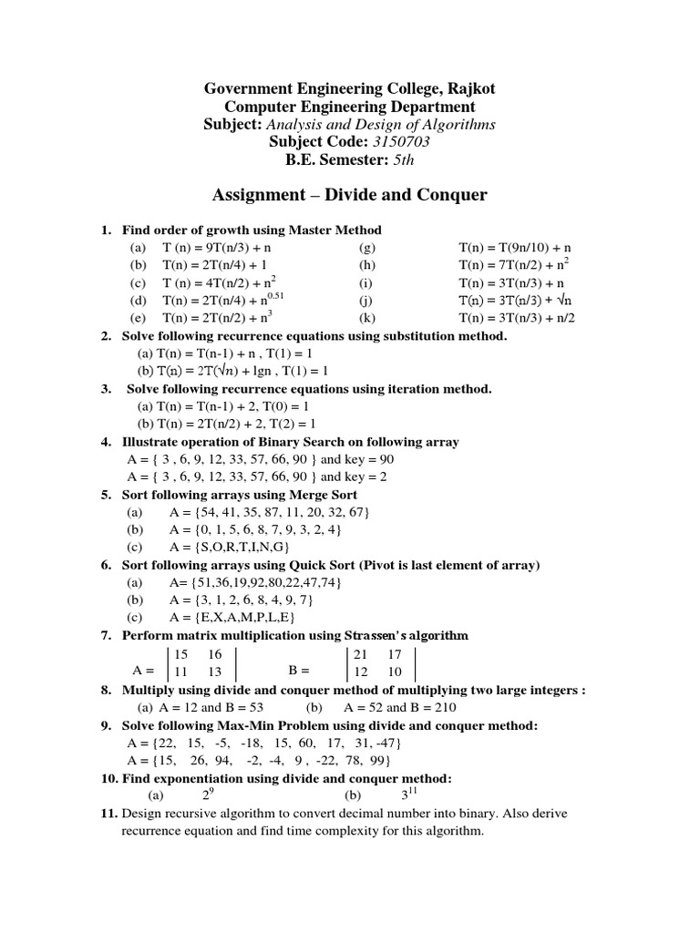 Assignment On Divide and Conquer | PDF