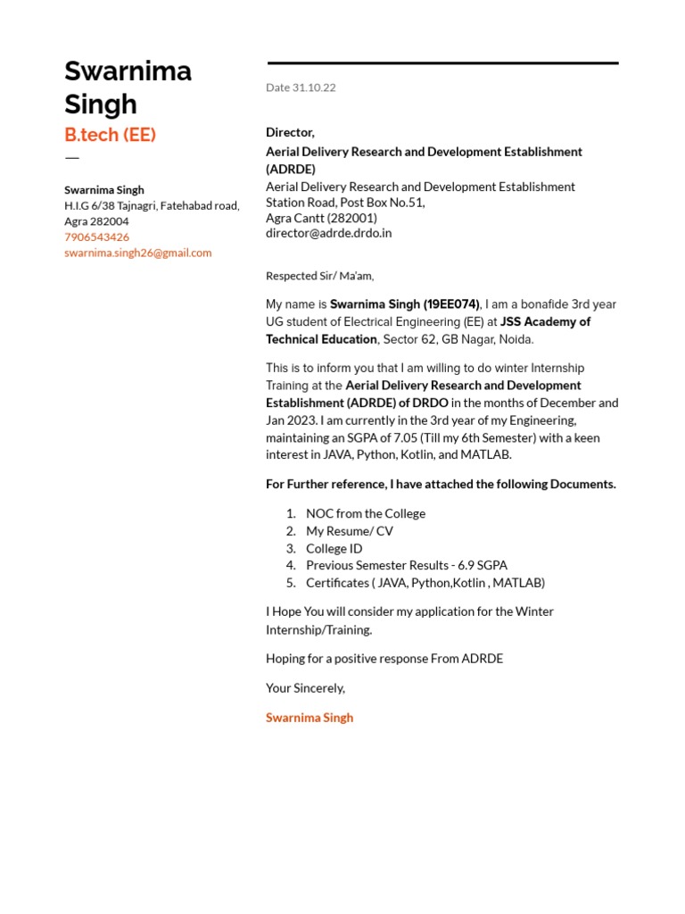 Cover Letter DRDO | PDF