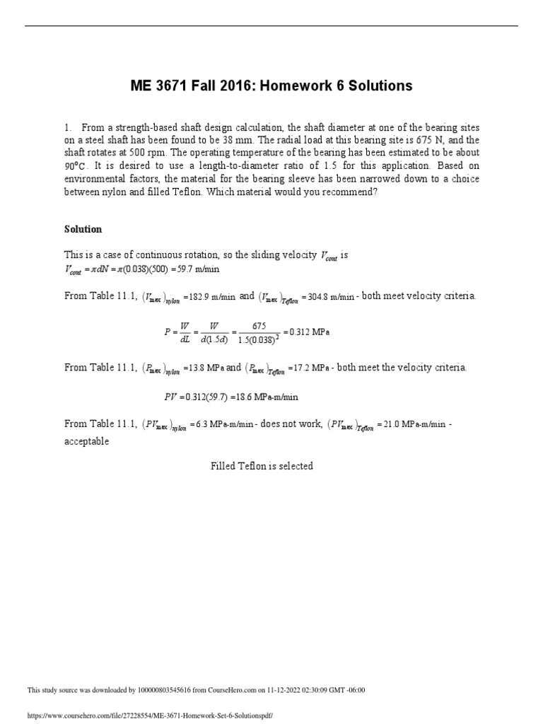 ME 3671 Homework Set 6 Solutions PDF | PDF | Bearing (Mechanical) | Gear