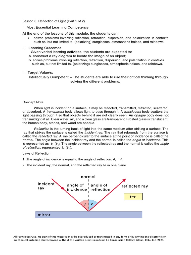 Lesson 4.4 | PDF | Mirror | Reflection (Physics)