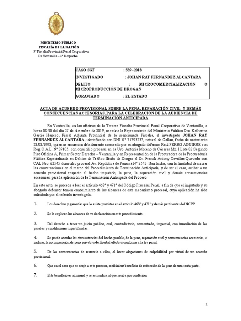 Acta de Terminacion Anticipada | PDF | Castigos | Derecho penal Acta de Terminacion Anticipada | PDF | Castigos | Derecho penal