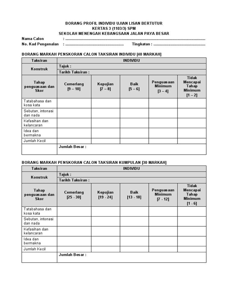 Borang Markah Bertutur Individu | PDF