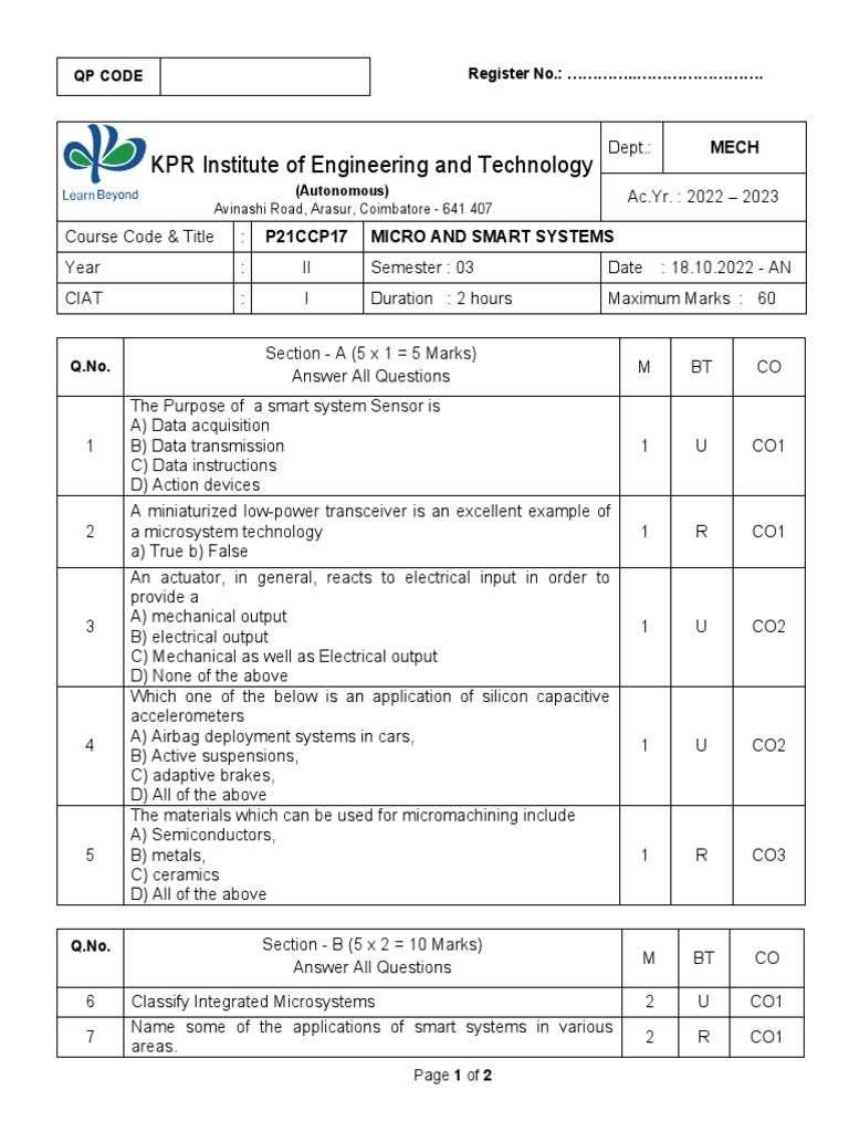 MSS Ciat - I QP PG | PDF | Microelectromechanical Systems | Materials