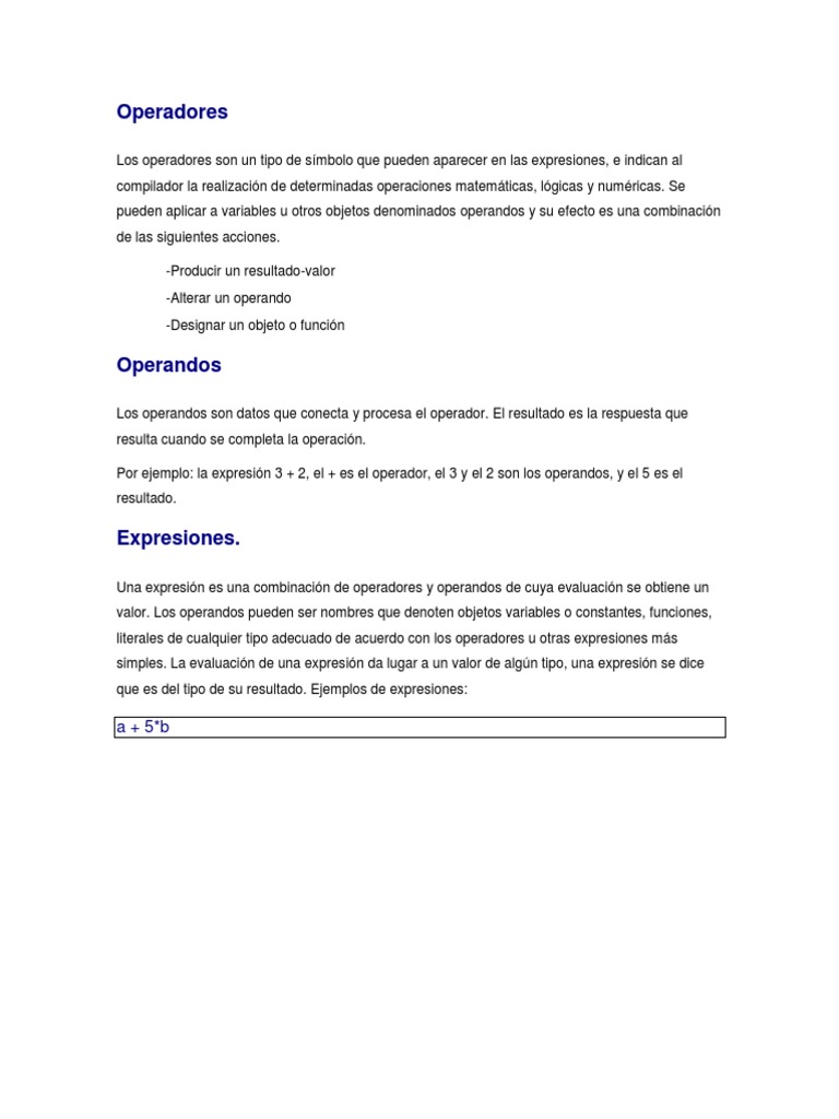 Operadores y operandos en expresiones | PDF | Operador (Matemáticas ...