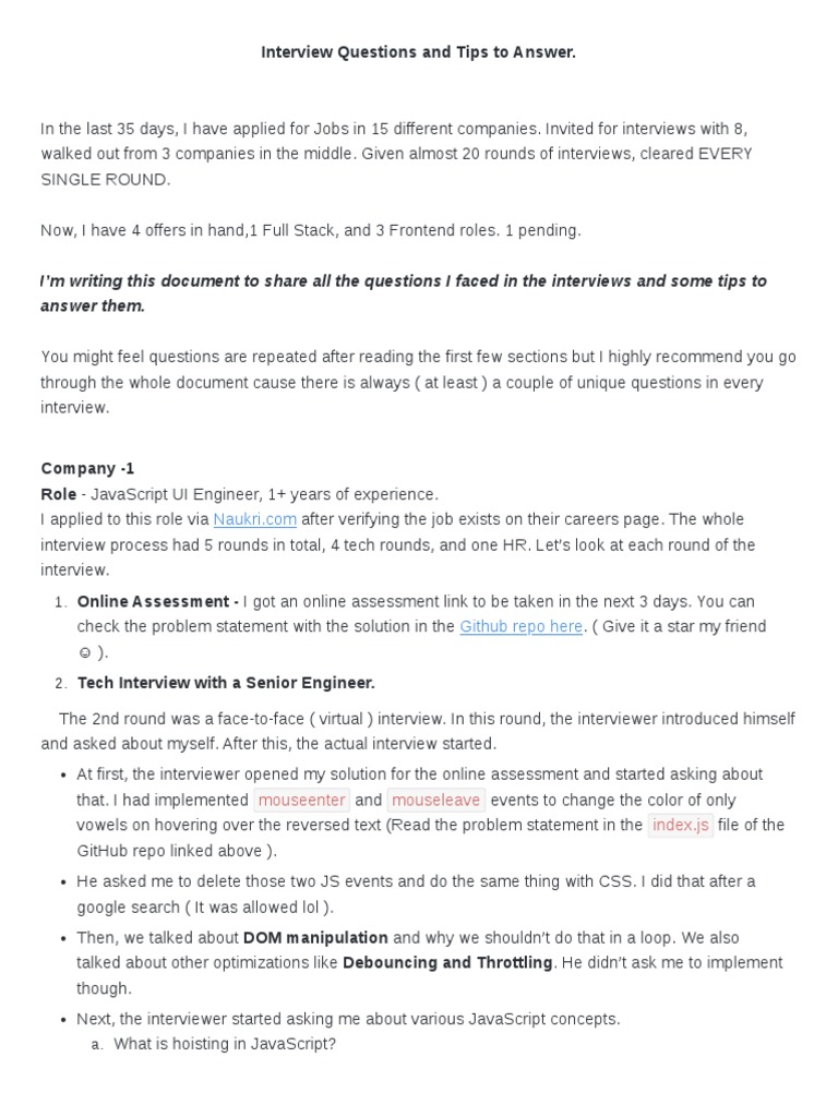 Interview Questions & Answer Tips Guide | PDF | Java Script | Software Engineering