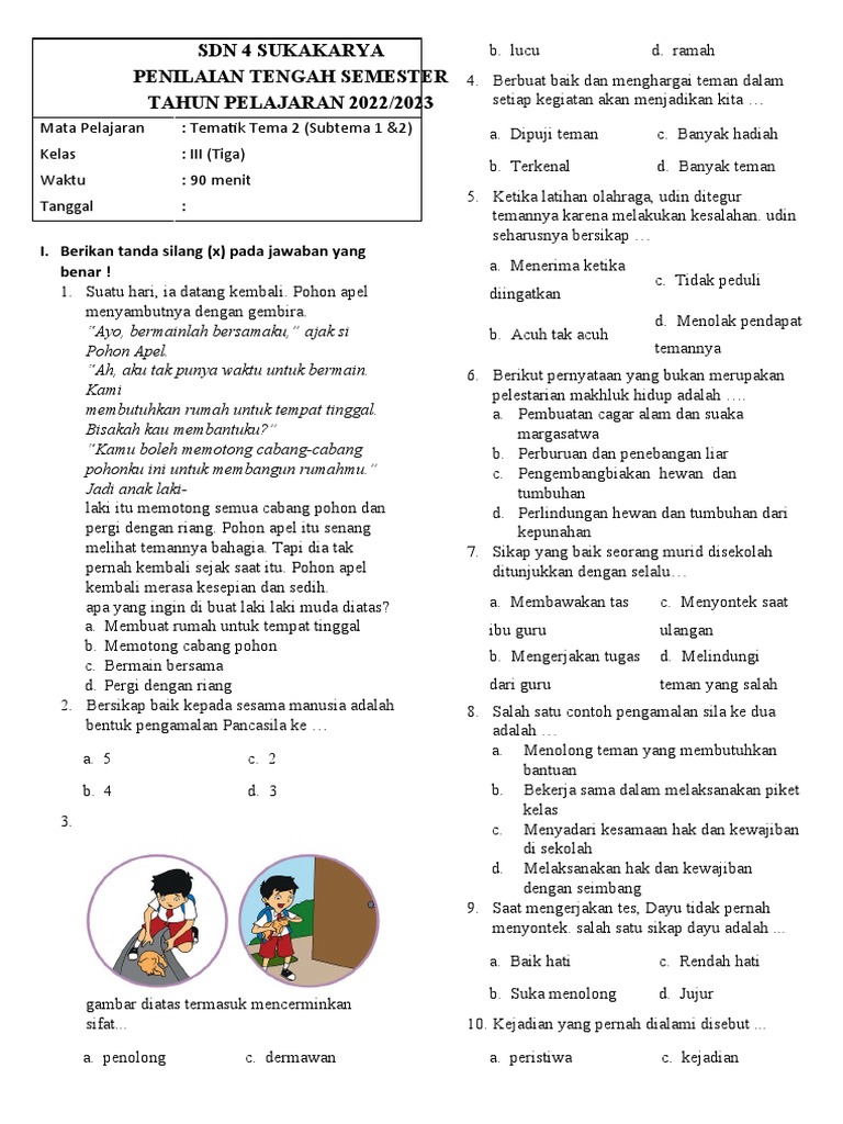 SOAL PTS KELAS 3 TEMA 2 Bagian 1 | PDF