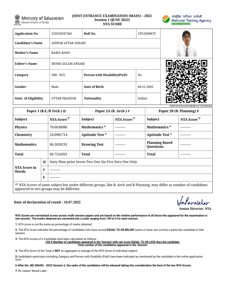 Jee Main Result 2022 Session 1 | PDF