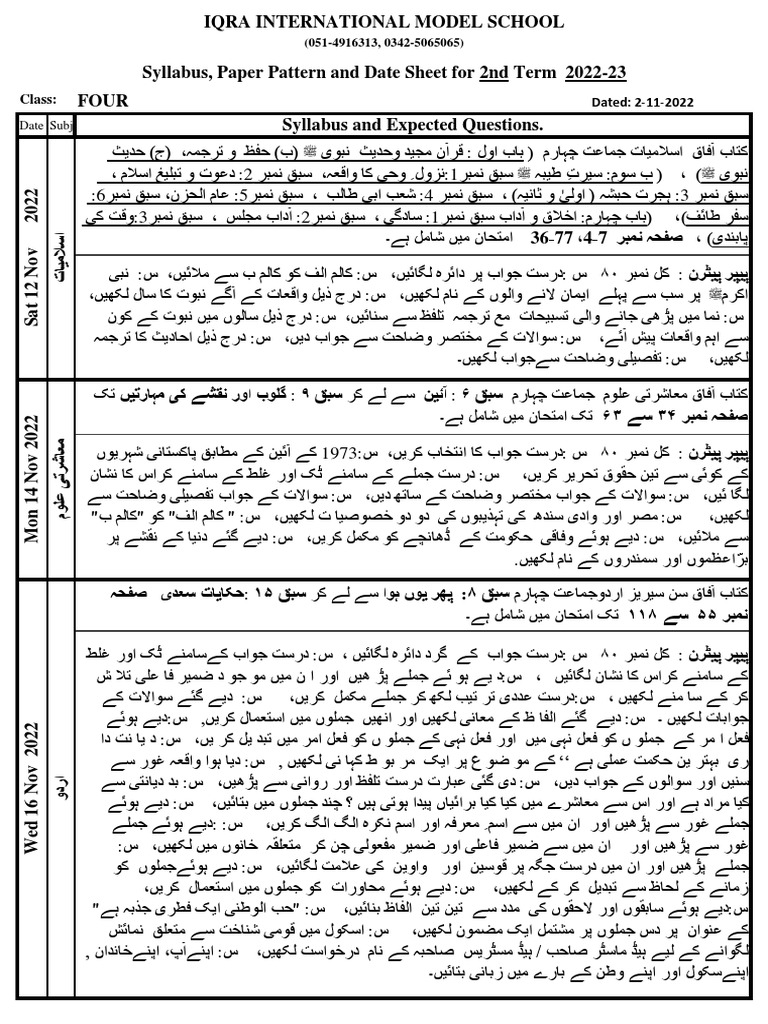 Four Syllabus, Paper Pattern and Date Sheet | PDF