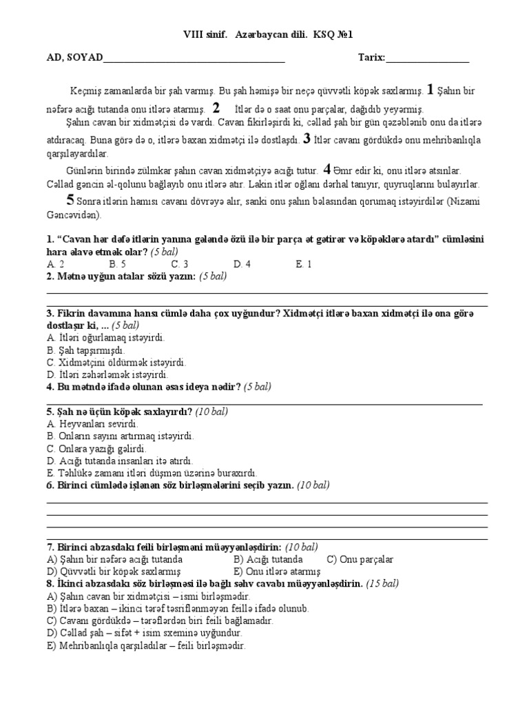 8-Ci Sinif Az-Dili KSQ 1 | PDF