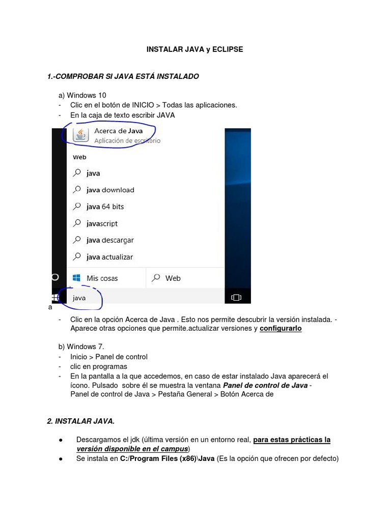 INSTALAR JAVA y ECLIPSE (Descripción de La Práctica e Indicaciones de Configuración) | PDF ...
