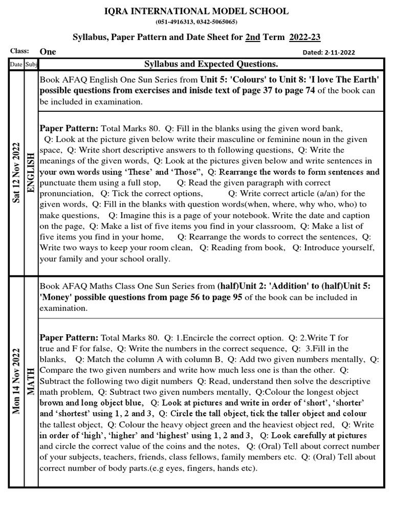 One Syllabus, Paper Pattern and Date Sheet | PDF