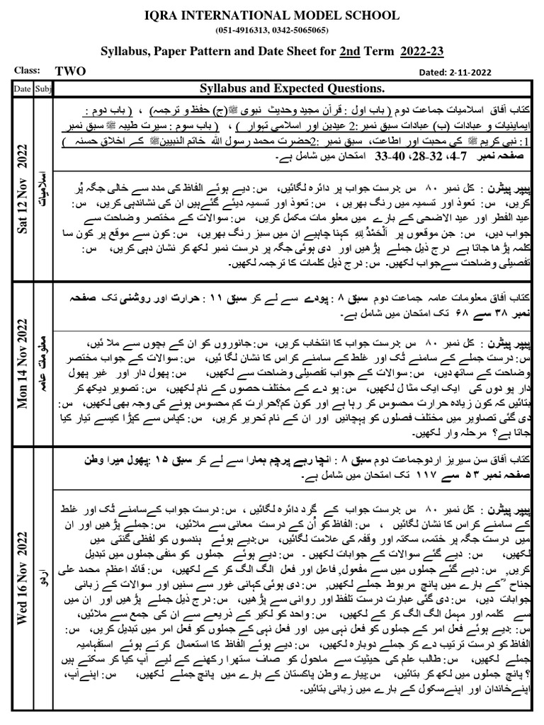 Two Syllabus, Paper Pattern and Date Sheet | PDF