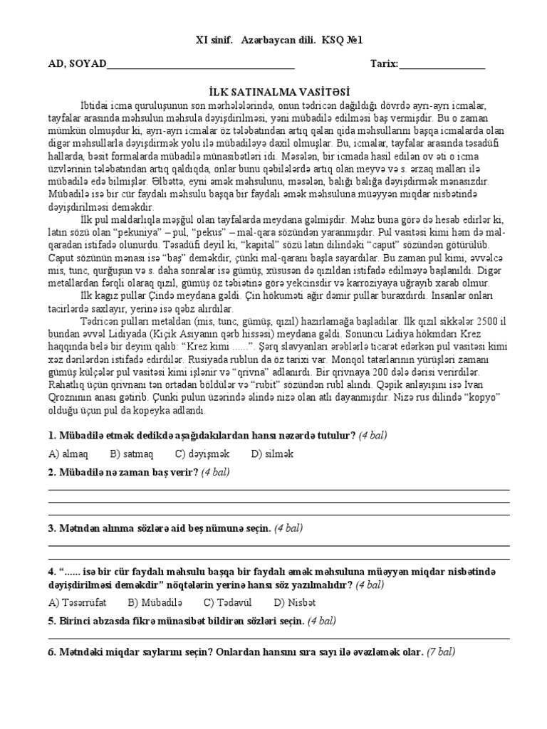 11-Ci Sinif Az-Dili KSQ 1 | PDF