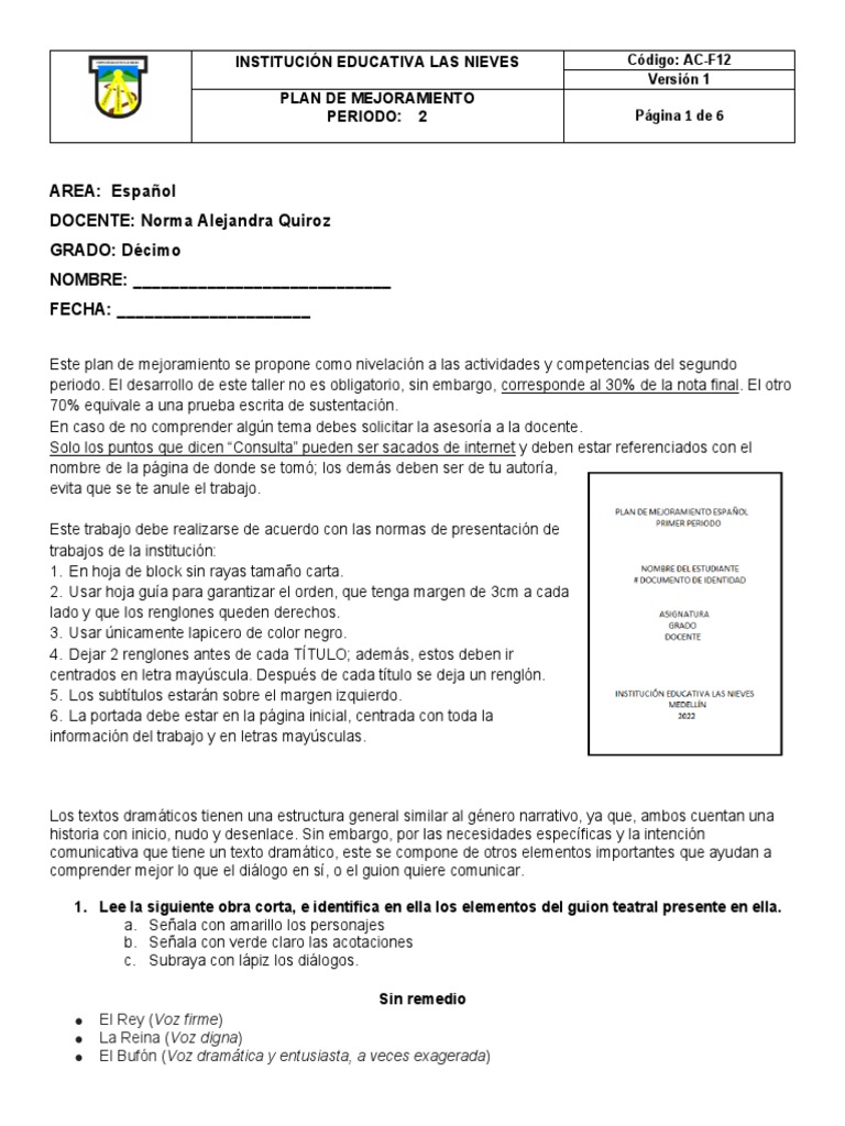 Taller de Recuperacion Español 10 | PDF | Teatro