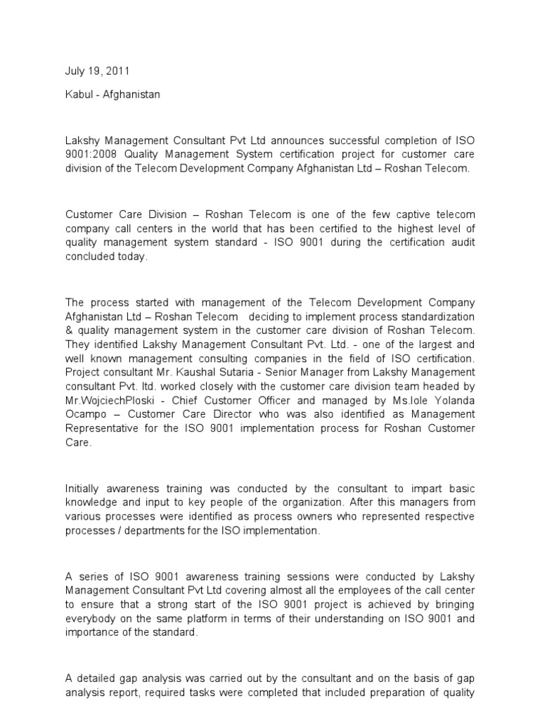 Roshan Telecom - Call Center - 19072011 | PDF | Iso 9000 | Audit