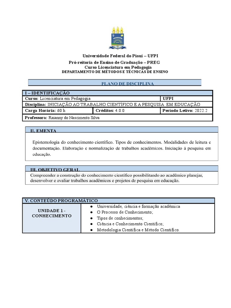 Plano de Disciplina 2022.2 | PDF | Pedagogia | Science
