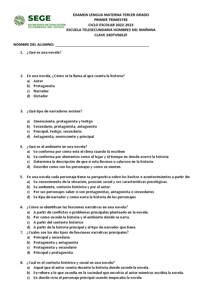 Examen de Español Tercer Grado | PDF | Novelas | Autor