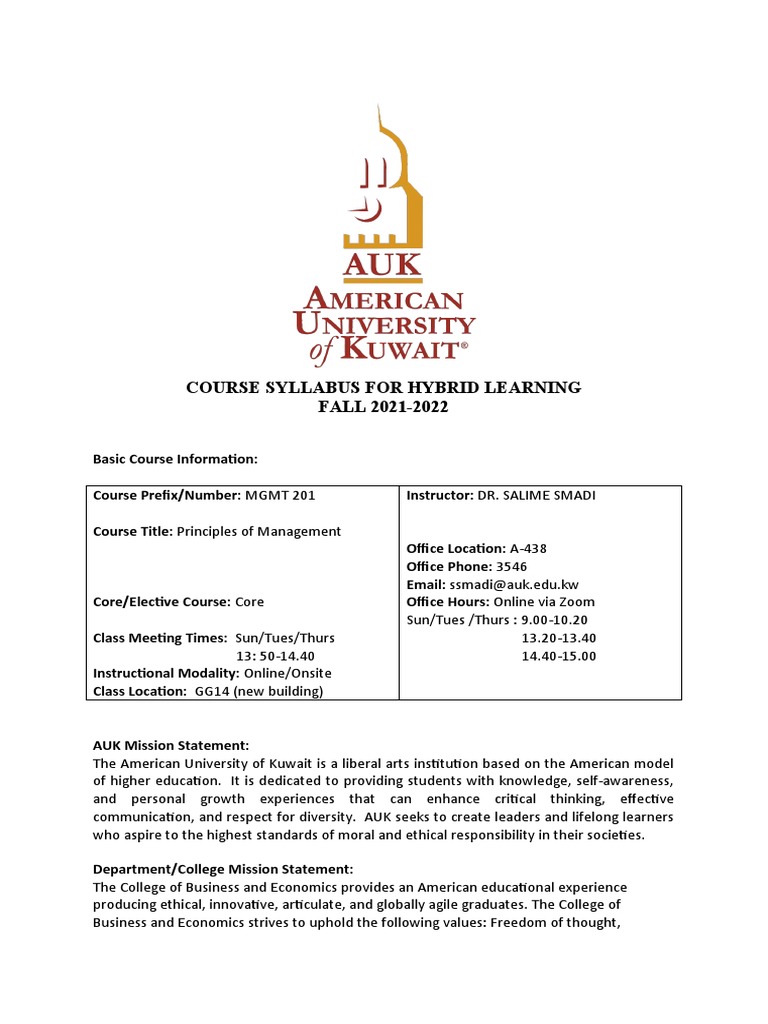 MGMT 201 Course Outline For Hybrid Learning 2021-2022 | PDF | Academic ...