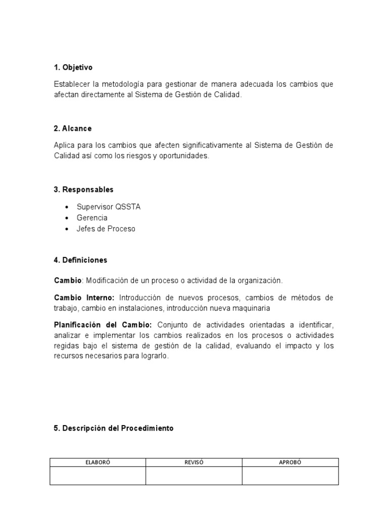 Procedimiento de Gestión del Cambio ISO 9001 | PDF | Planificación ...