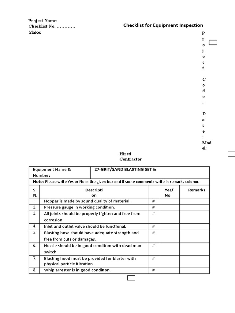 Checklist For Equipment Inspection Grit Sand Blasting Set | PDF