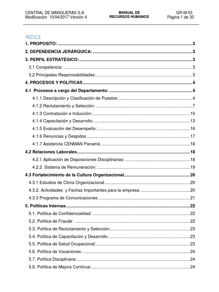 GR-M-03 Manual de Recursos Humanos V4 | PDF | Gestión de recursos ...