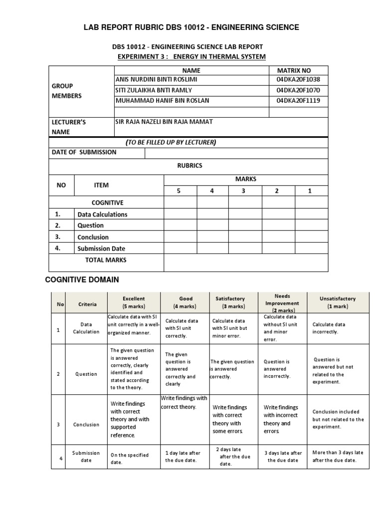 Lab Report Rubric: Thermal Energy Experiment | PDF | Temperature ...