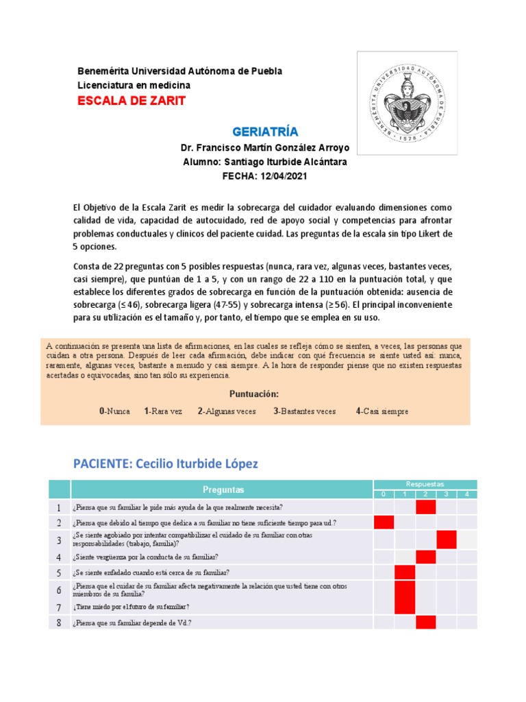 Escala de Zarit | PDF | Medicina CLINICA | Ciencias de la Salud