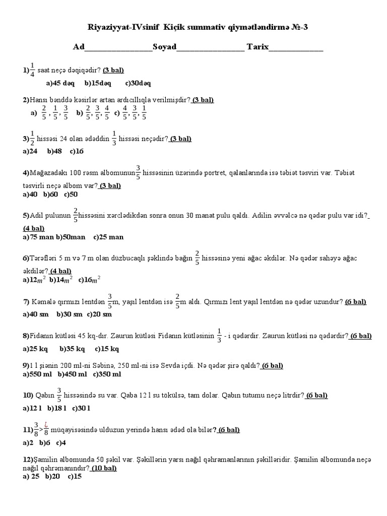 4 Sinif Riyaziyyat KSQ 3 | PDF