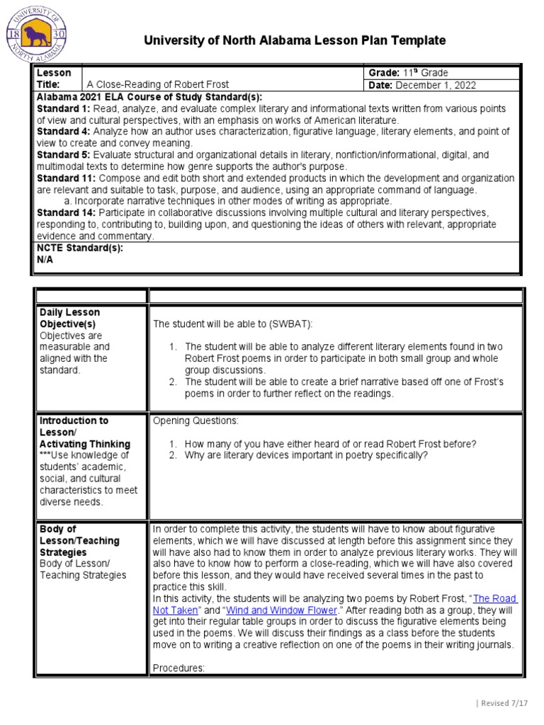 Close-Reading of Robert Frost Poems Lesson Plan | PDF | Educational ...