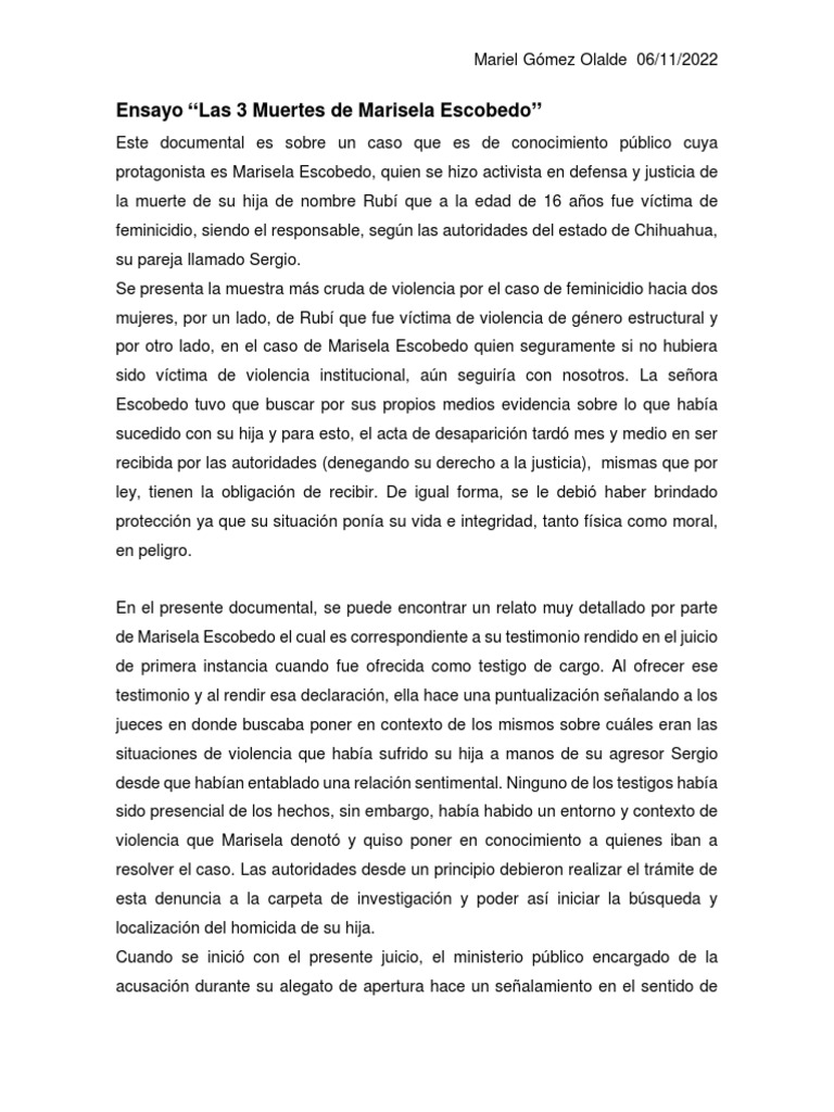 Ensayo Las 3 Muertes de Marisela Escobedo | PDF