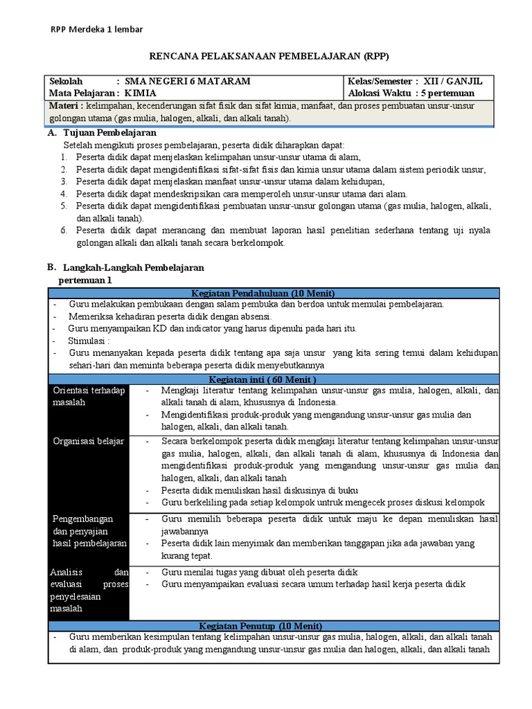 RPP Kimia Kelas XII: Unsur Utama | PDF | Karier & Perkembangan