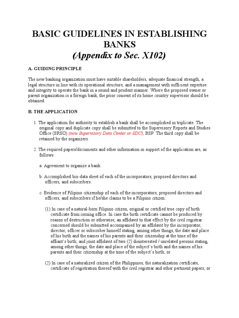 Basic Guidelines in Establishing Banks | PDF | Board Of Directors | Banks
