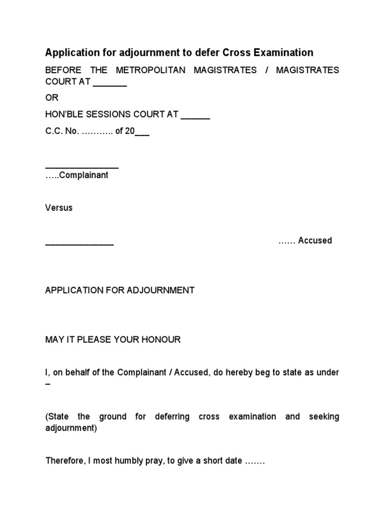 Application For Adjournment To Defer Cross Examination | PDF