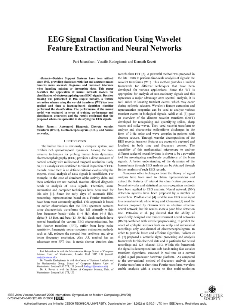 Eeg Signal Classification Using Wavelet Feature Extraction And Neural Networks Pdf