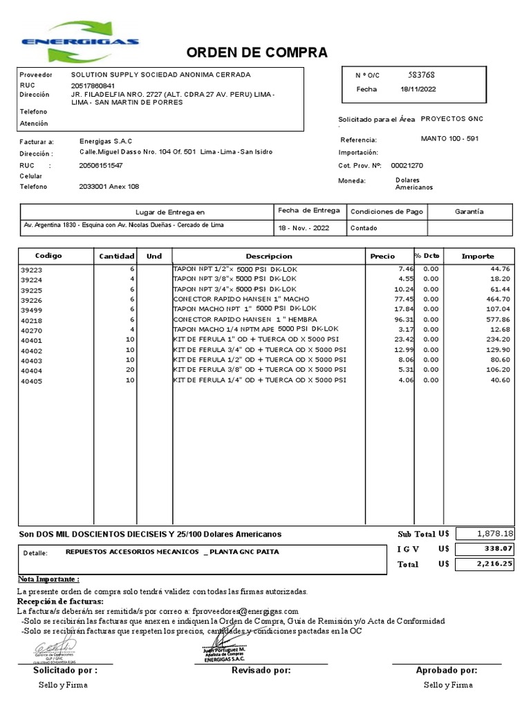 Oc 583768 Solution Supply - Ferulas, Tuercas y Conectores - Planta GNC Paita | PDF
