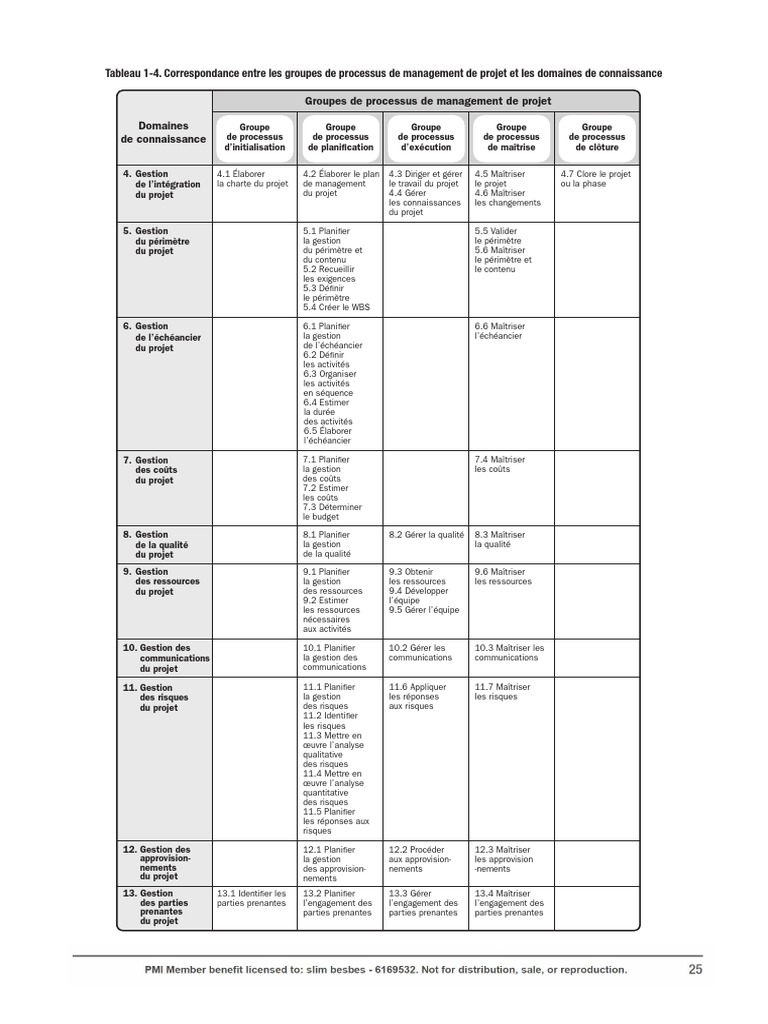 P25 - Correspondance Entre Les Groupes de Processus de Management de Projet Et Les Domaines de ...