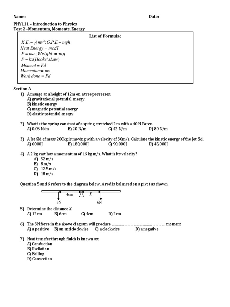PHY 111 Test 2 Energy Moments and Momentum | PDF
