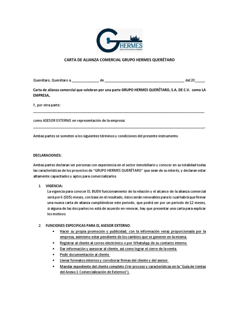 Carta de Alianza Comercial Grupo Hermes | PDF | Business