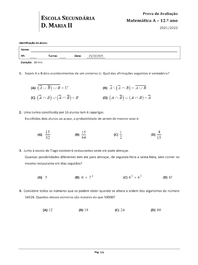 Matemática A - 12º Ano 2021 - 22 | PDF