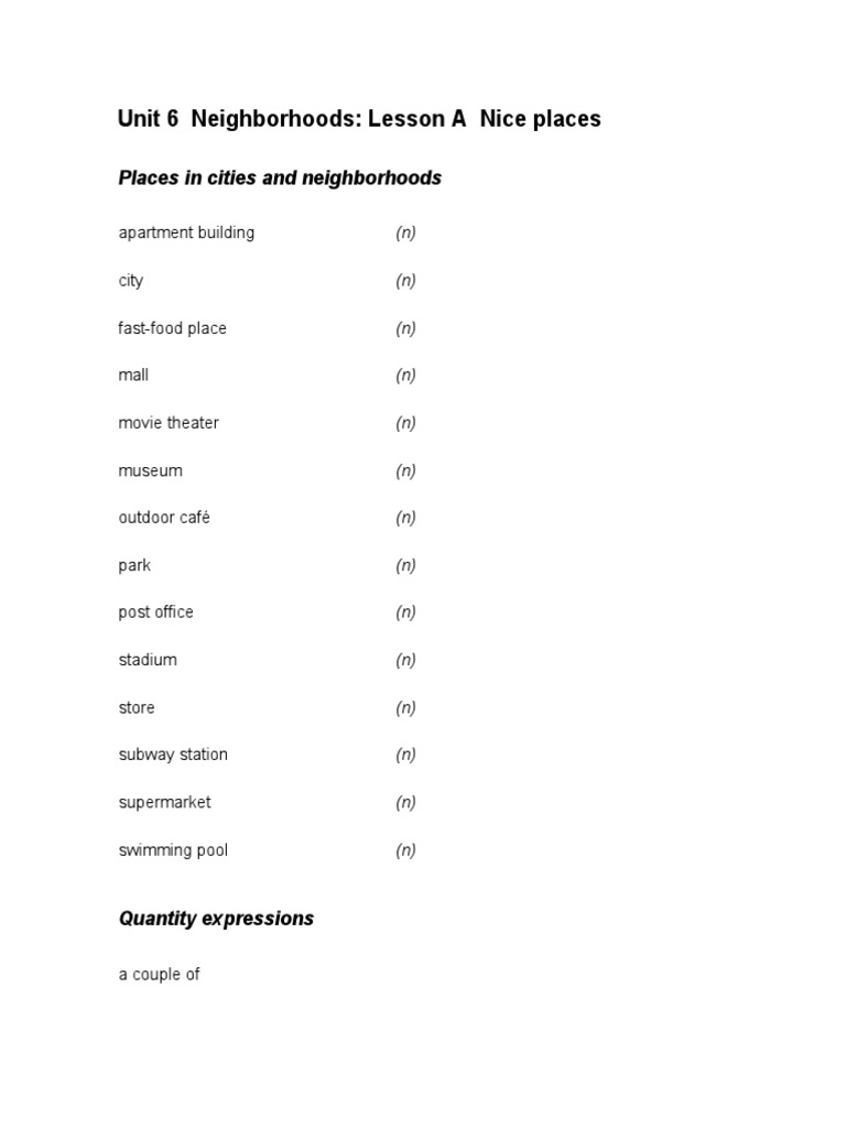 Vocabulary - Unit 6 Neighborhoods | PDF