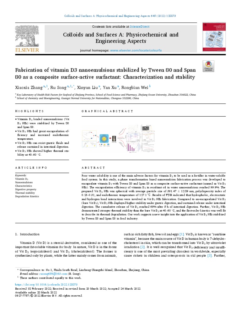 Fabrication of Vitamin D3 Nanoemulsions Stabilized by Tween 80 and Span ...