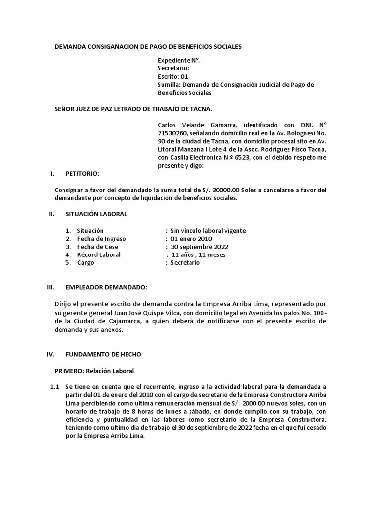 Demanda de Consignacion de Pago de Beneficios Sociales | PDF | Finanzas y dinero | Ciencias sociales