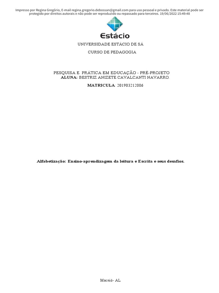 PRE PROJETO TCC ESTÁCIO PEDAGOGIA - Passei Direto | PDF