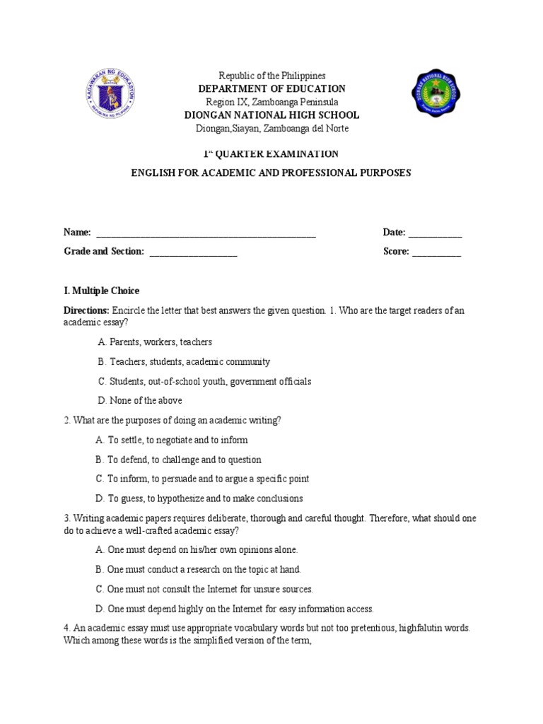1st QUARTER EXAMINATION E4A | PDF | Thesis | Essays