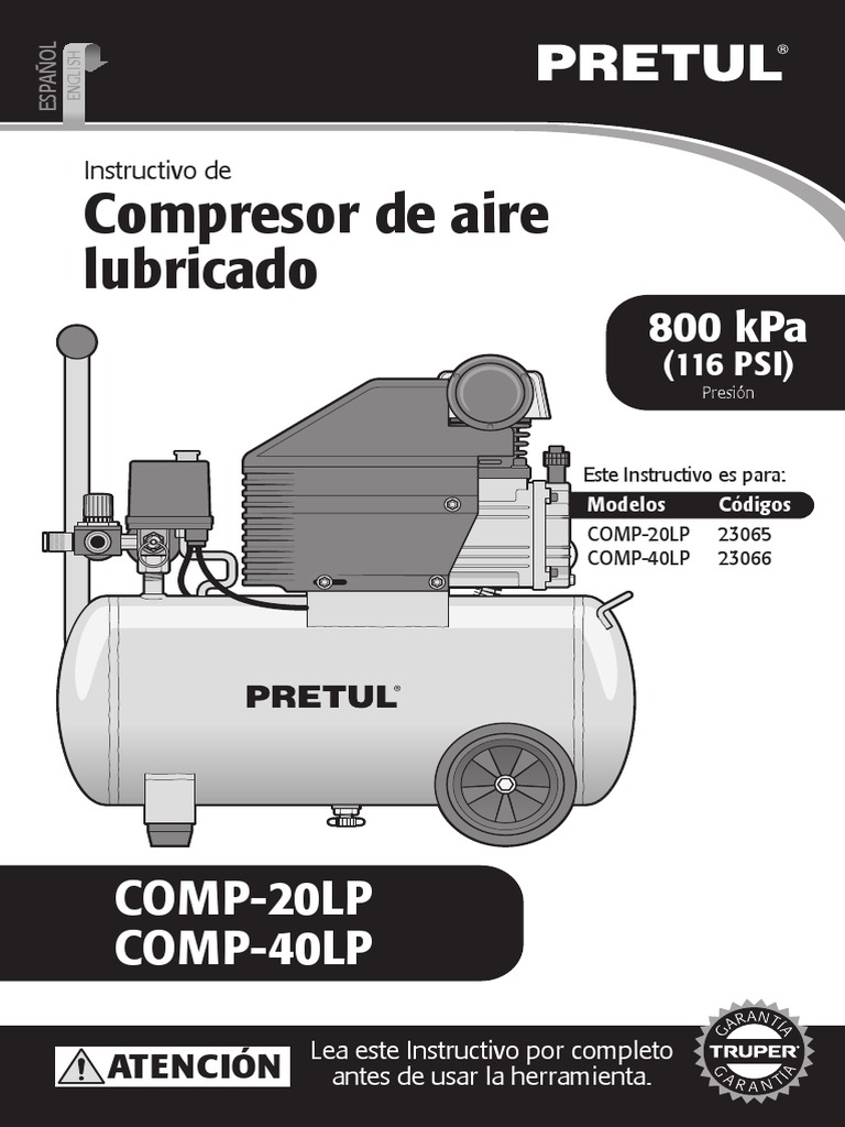 Instructivo Compresor Pretul 20LP | PDF | Presión | Fusible (Eléctrico)