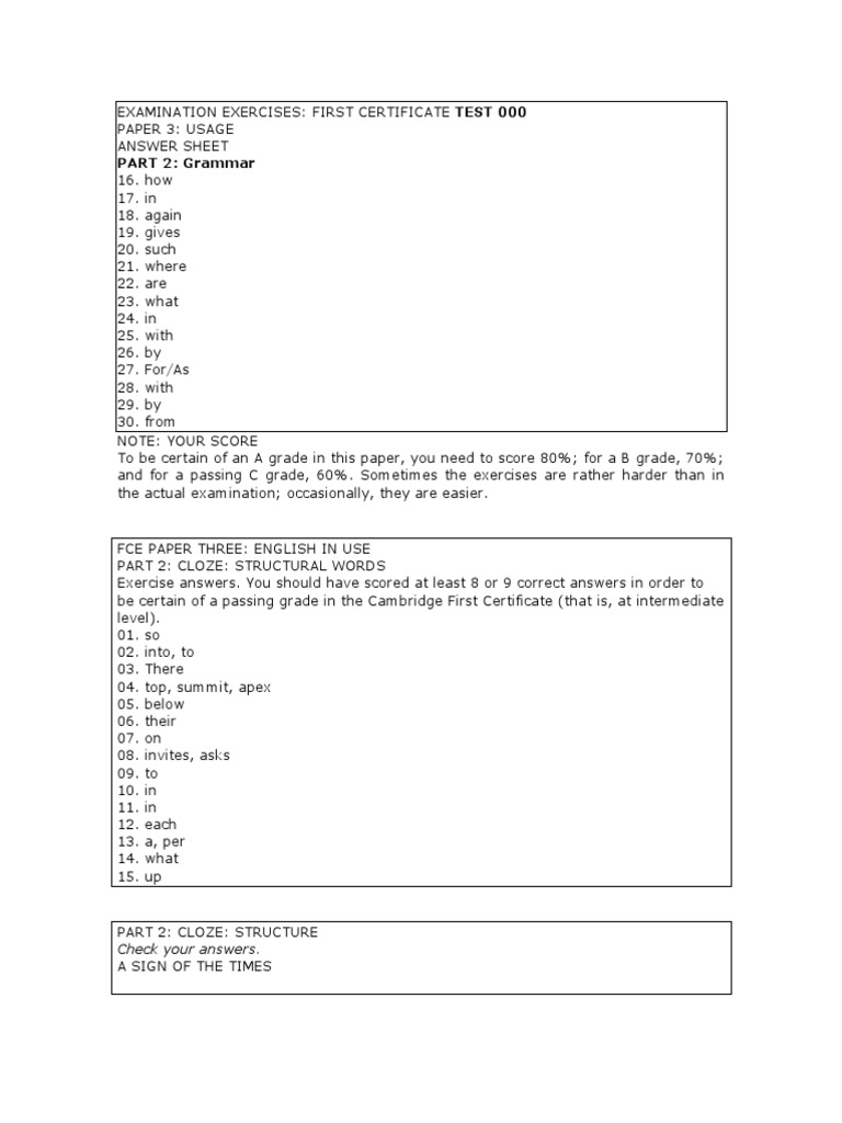 Open Cloze Answers | PDF