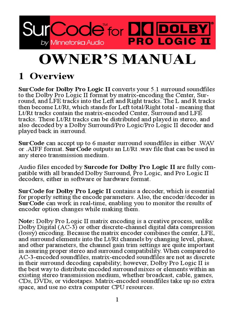 SurCode For Dolby Pro Logic II - Manual | PDF | Information And Communications Technology ...