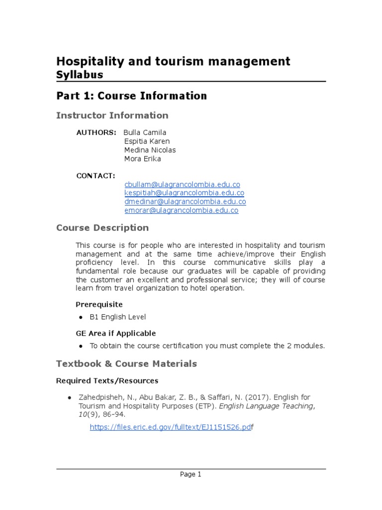 Hospitality and Tourism Management Syllabus | PDF