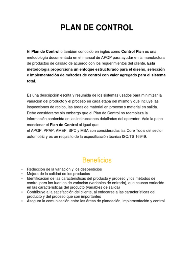 Plan de Control | PDF | Calidad (comercial) | Diseño